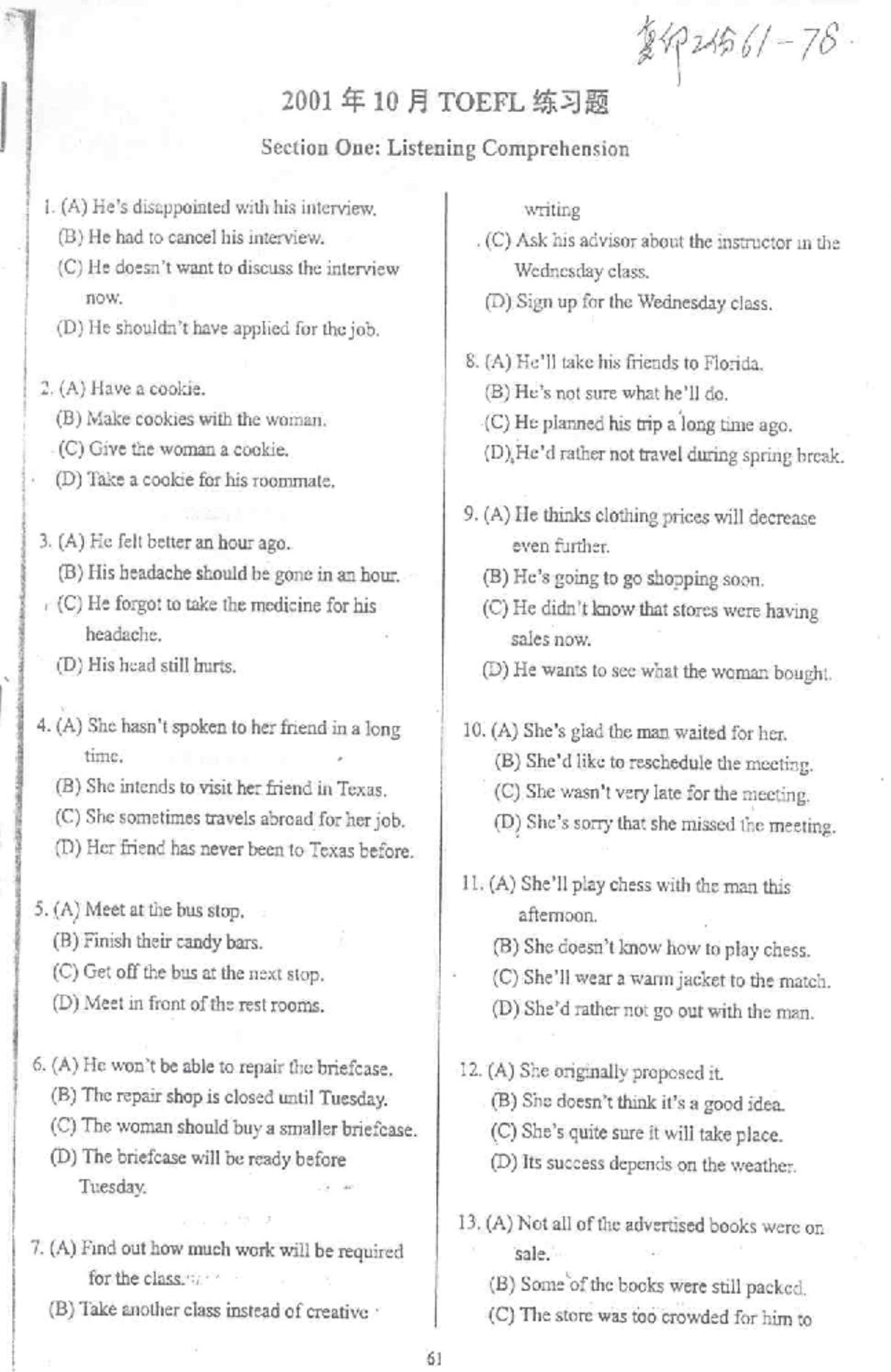Toefl-102001 - aádasda - 2001 E 10 A TOEFL Section One: Listening ...