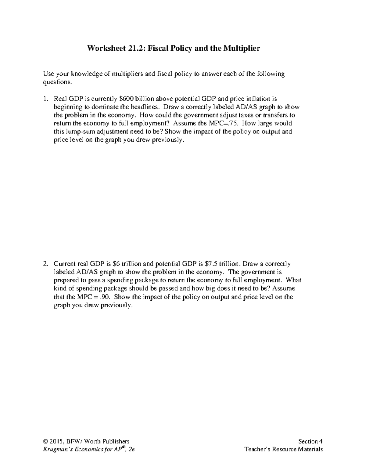 Worksheet 21.2: Exploring Fiscal Policy & Multiplier Effects in AP ...