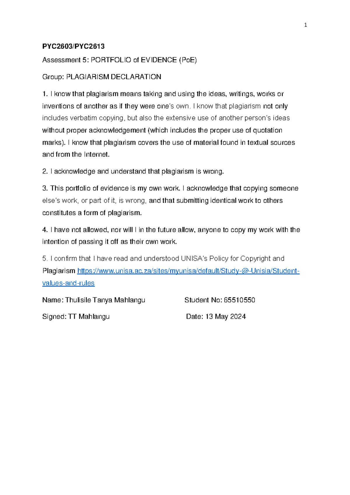 PYC2603/PYC2613 Assessment 5: Portfolio of Evidence Submission - Studocu