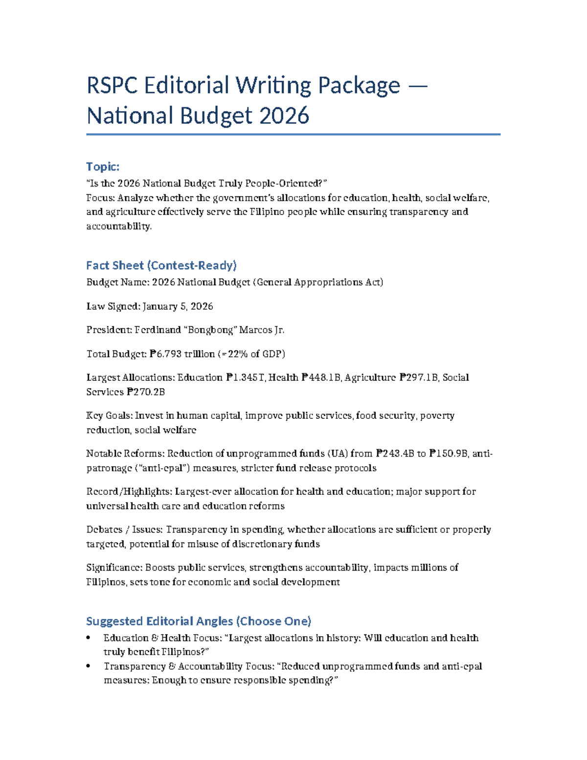 RSPC Editorial Writing: Analyzing the 2026 National Budget - Studocu