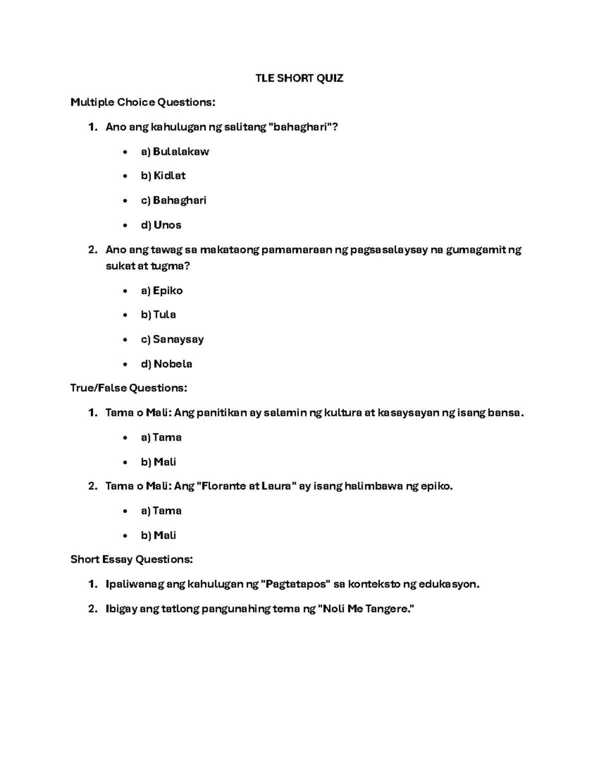 Filipino TLE - Short Quiz with Multiple Choice & Essay Questions - Studocu