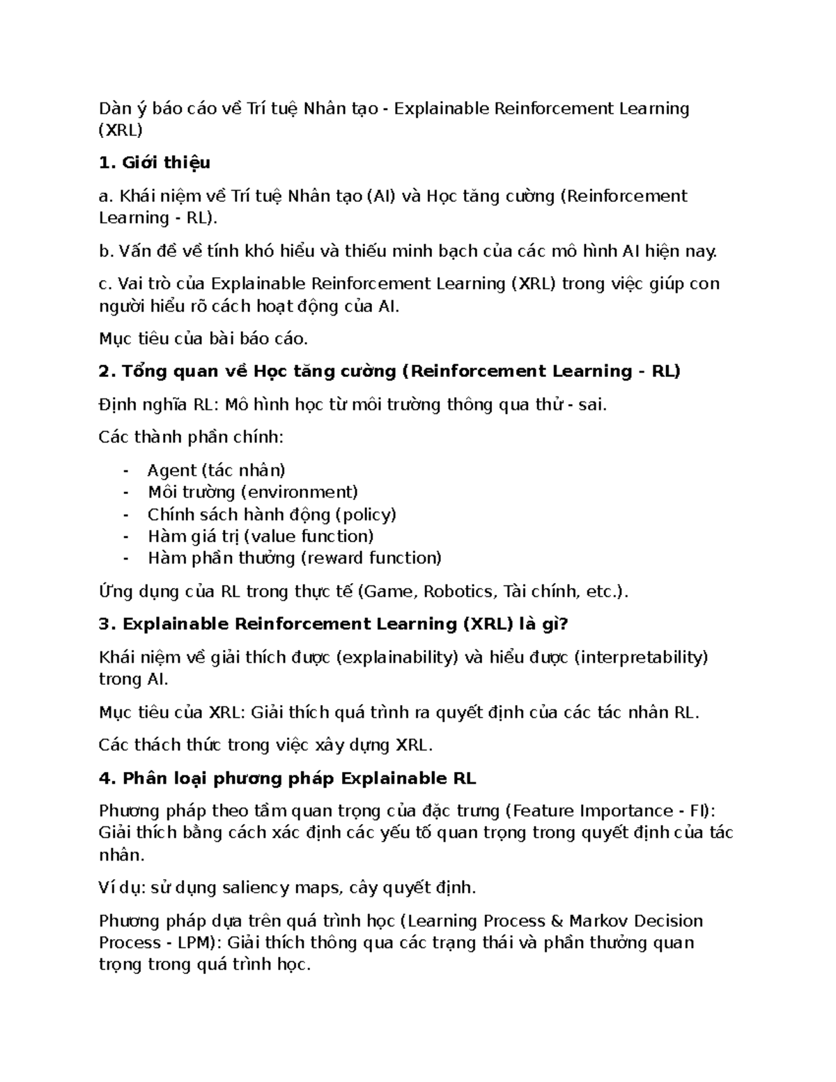 Dàn ý báo cáo: Explainable Reinforcement Learning (XRL) và Ứng dụng - Studocu