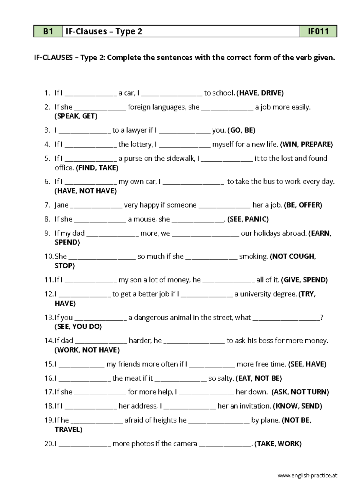 IF011 Type 2: If Clauses Sentence Completion Exercises - Studocu