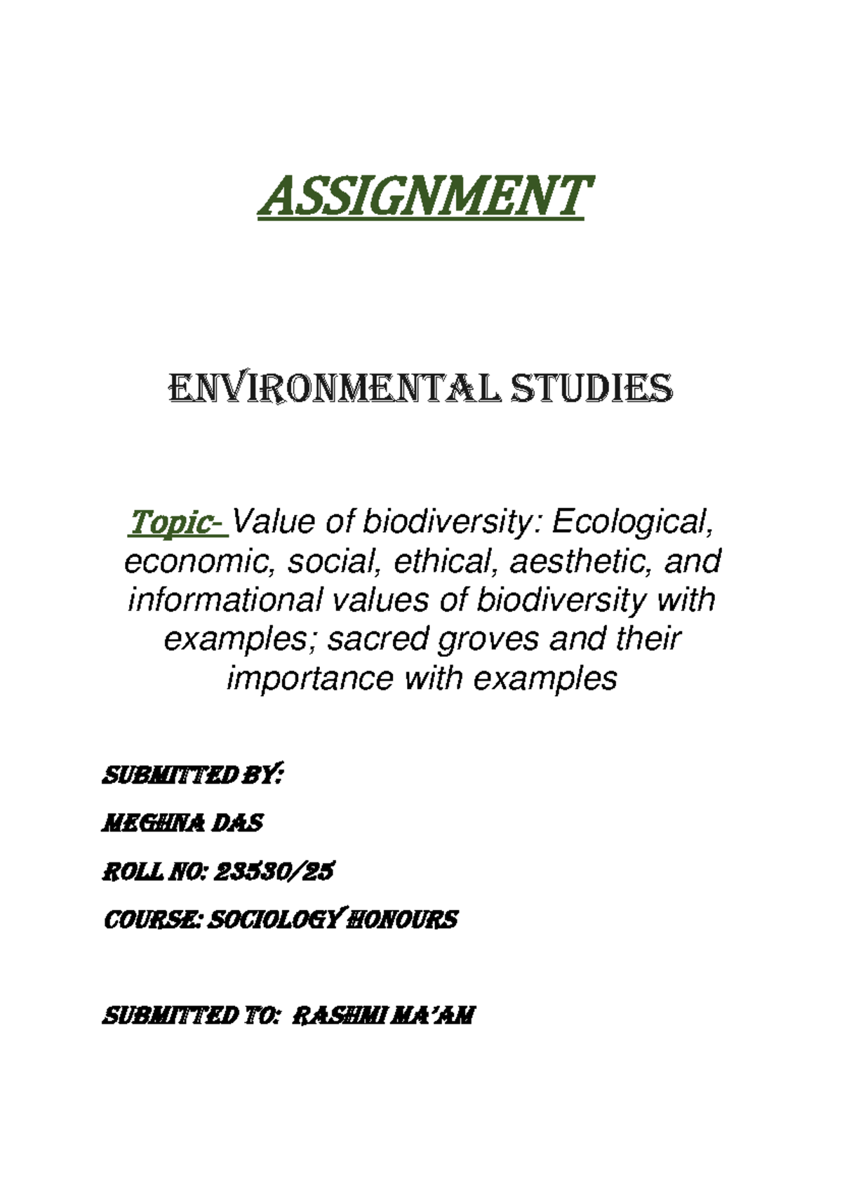 Evs Unit 6Assignment - Evs - ASSIGNMENT ENVIRONMENTAL STUDIES Topic ...