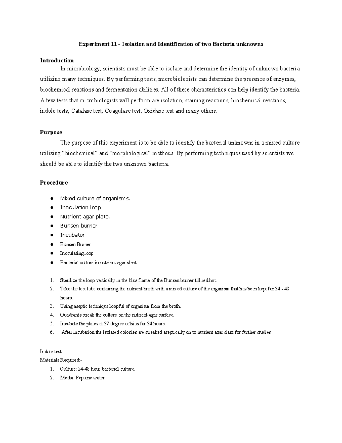 Isolation of 2 Bacteria - Experiment 11 - Isolation and Identification of two Bacteria unknowns ...
