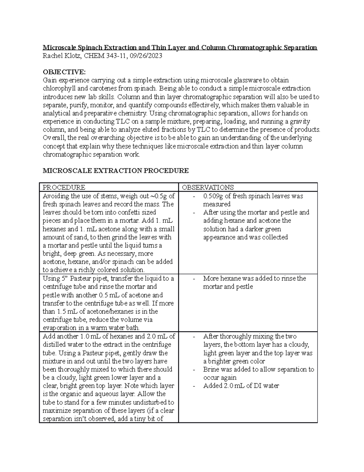 CHEM 343-11 Final Lab Report: Microscale Spinach Extraction ...