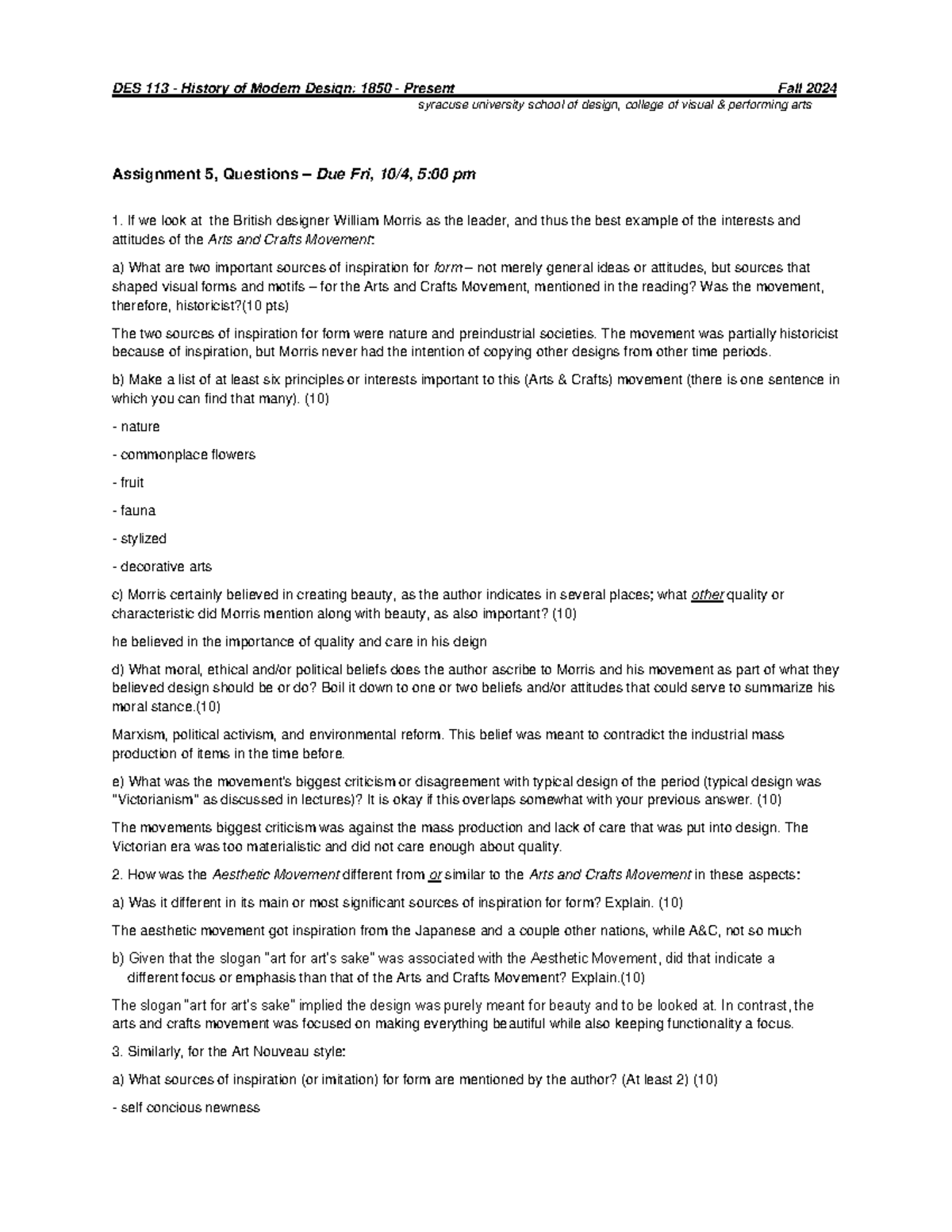 DES 113 Assignment 5: Insights on Arts and Crafts Movement - Studocu