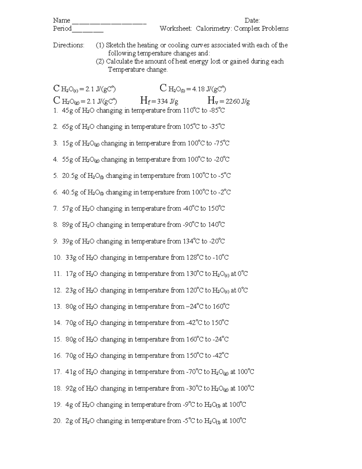 Calorimetry Worksheet: Complex Problems (C H2O) - Studocu