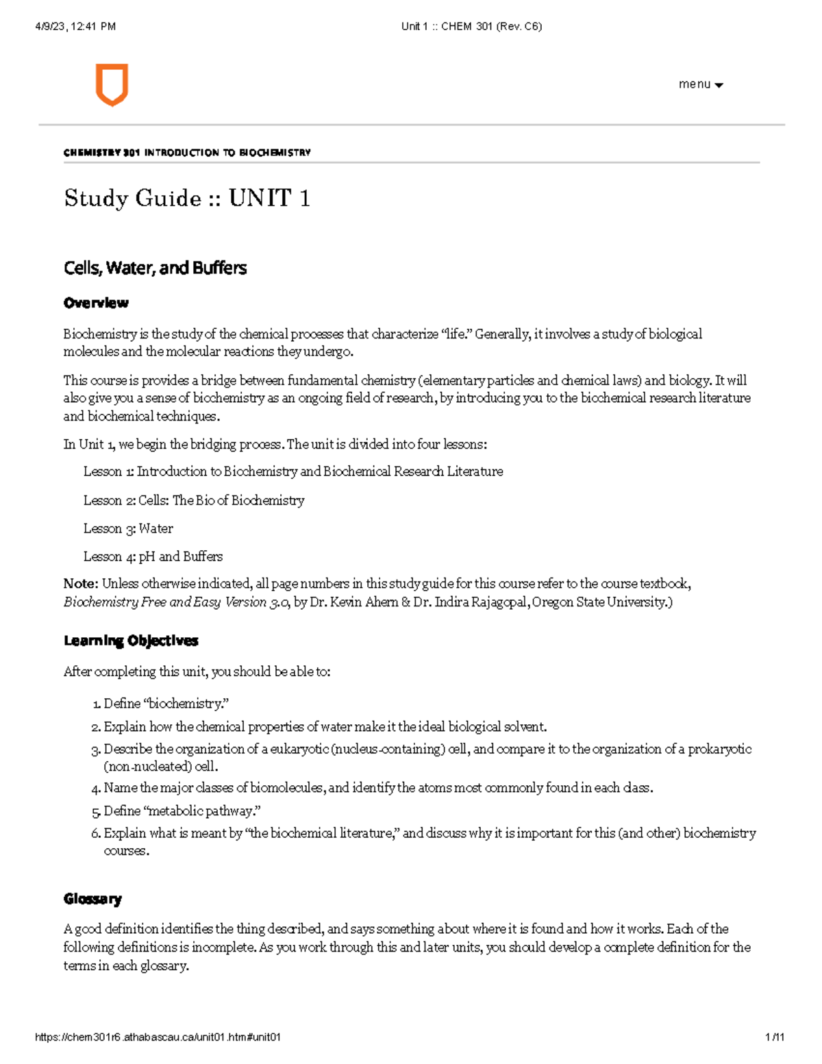 Unit 1 Study Guide for CHEM 301: Intro to Biochemistry - Studocu