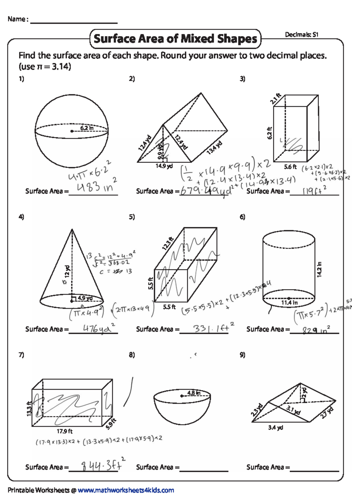 Decimals: S1 Surface Area of Mixed Shapes - Calculations and Results ...