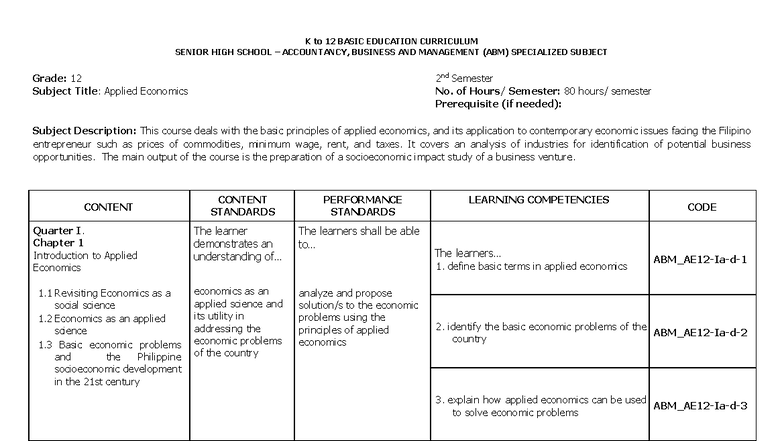 K to 12 SHS ABM Specialized Subject: Applied Economics Curriculum Guide ...