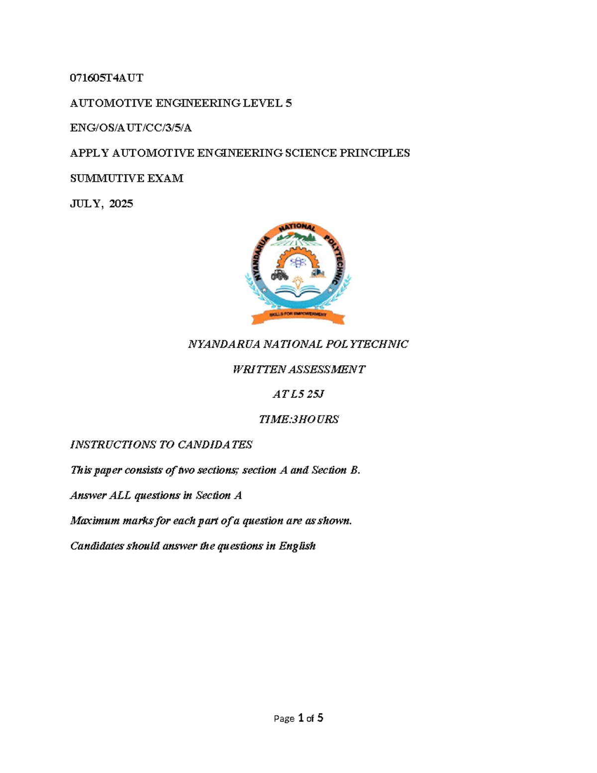 071605T4AUT Automotive Engineering Level 5 Summative Exam Revision ...