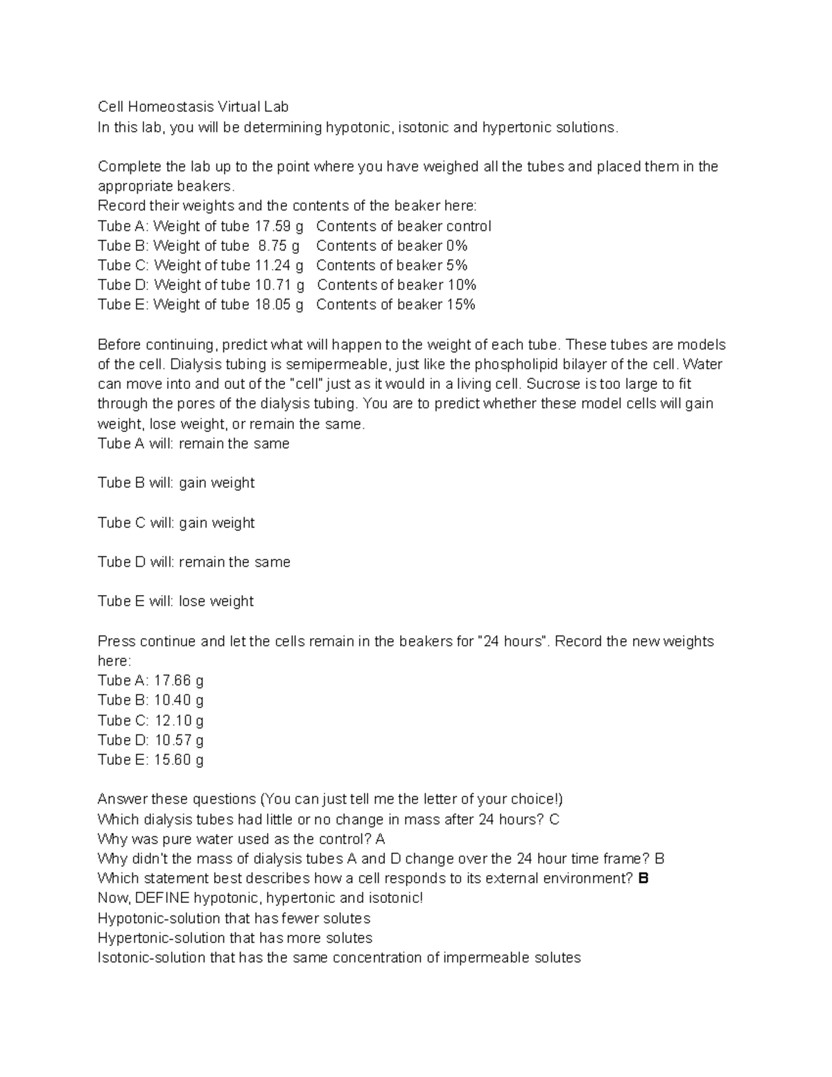Cell Homeostasis Virtual Lab: Exploring Tonic Solutions and Effects ...