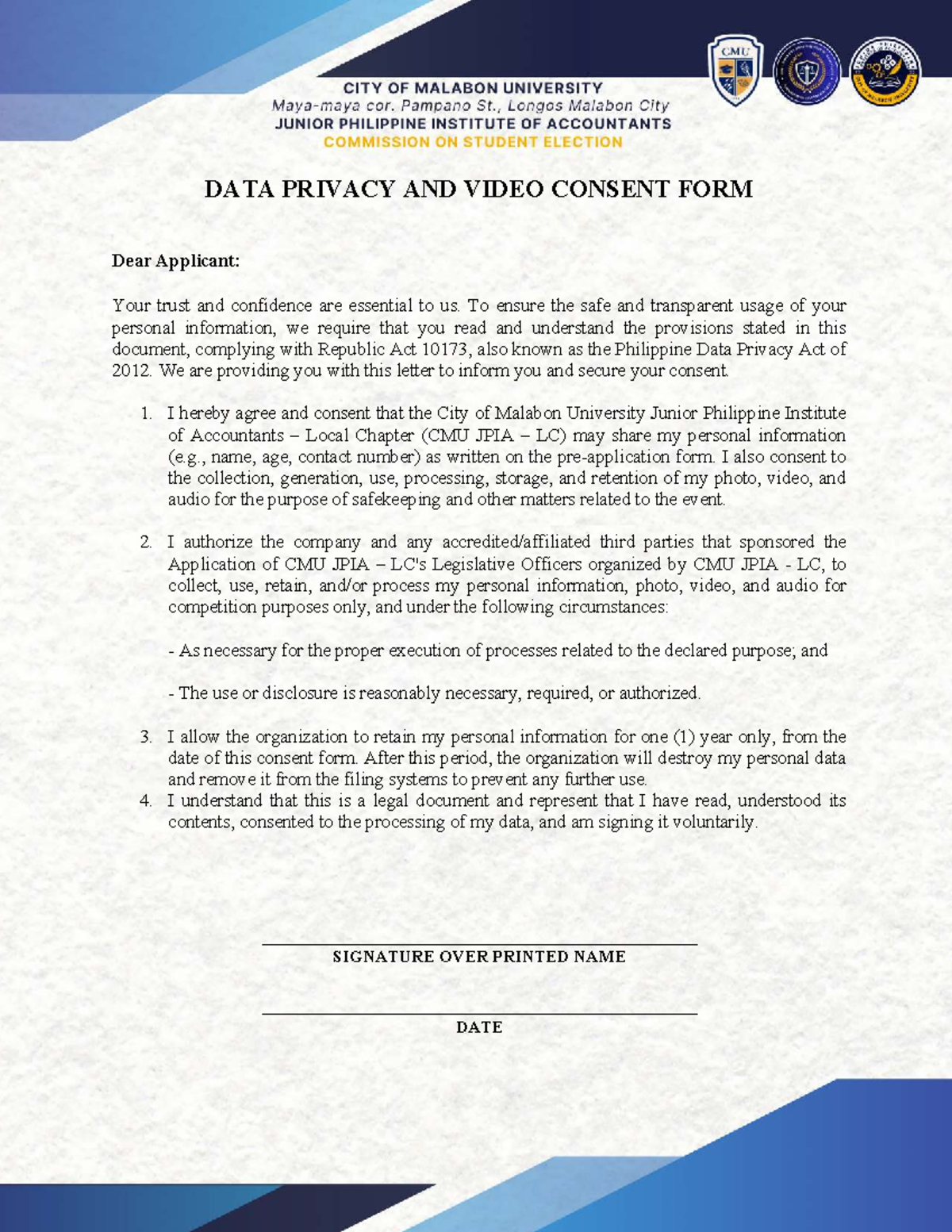 DATA PRIVACY & VIDEO CONSENT FORM - CMU JPIA Legislative App - Studocu