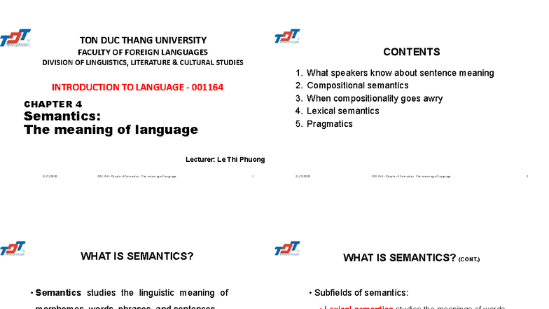Chapter 4 Semantics and Pragmatics: Understanding Language Meaning 001164 - Studocu
