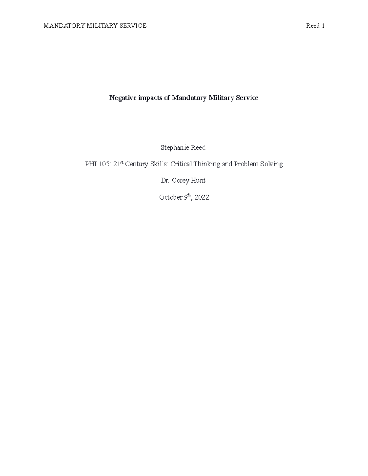 PHI 105 Reed - Impacts of Mandatory Military Service: Persuasive Essay ...