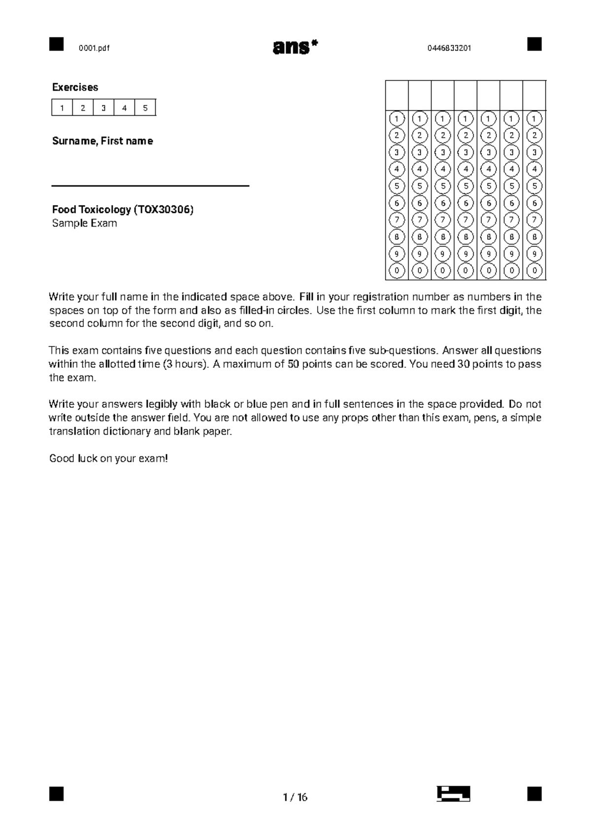 Sample Exam for Food Toxicology (TOX30306) - Studeersnel