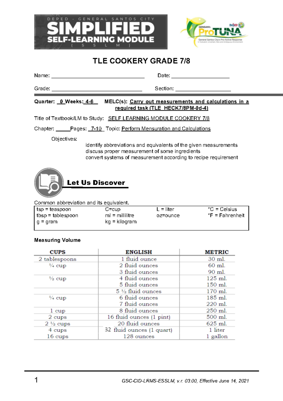 SSLM TLE Cookery 7/8 Q0 W4: Measurements & Calculations Guide - Studocu