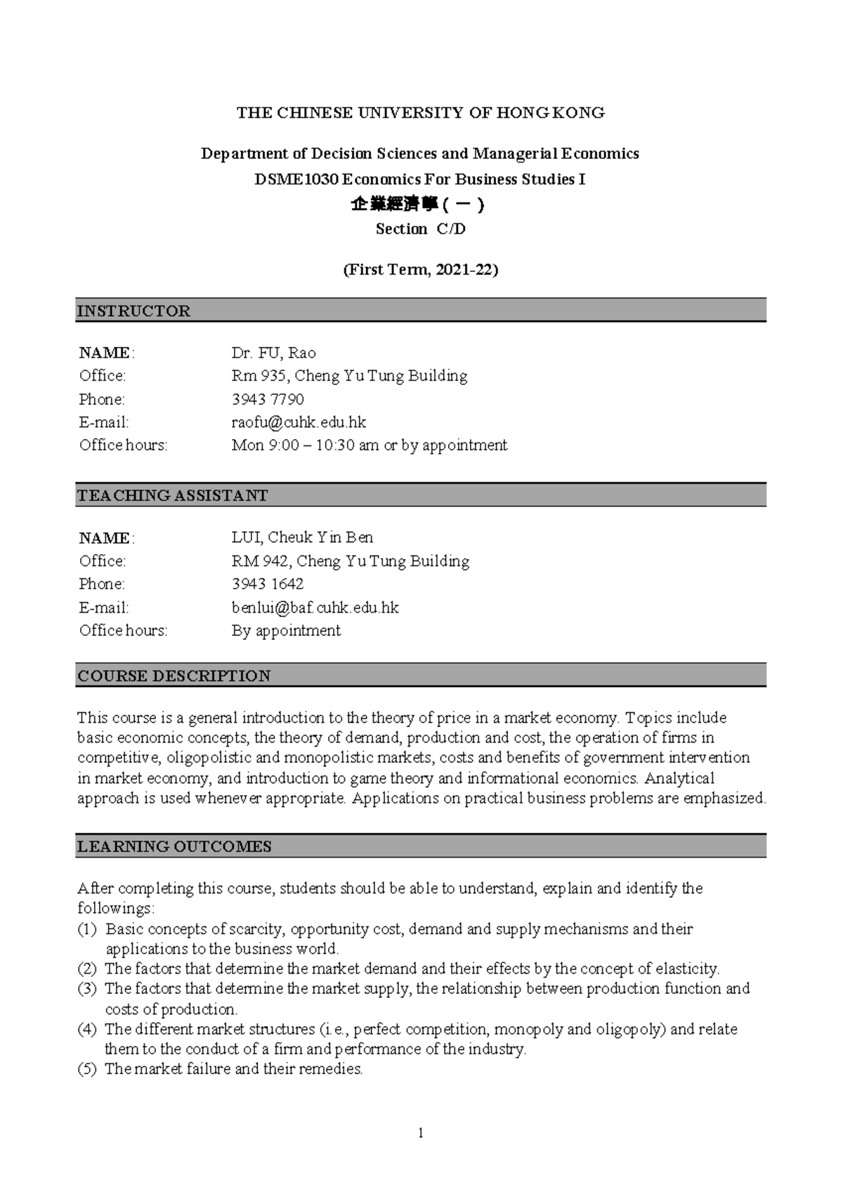 DSME1030 Final Exam Outline for Economics for Business Studies I - Studocu