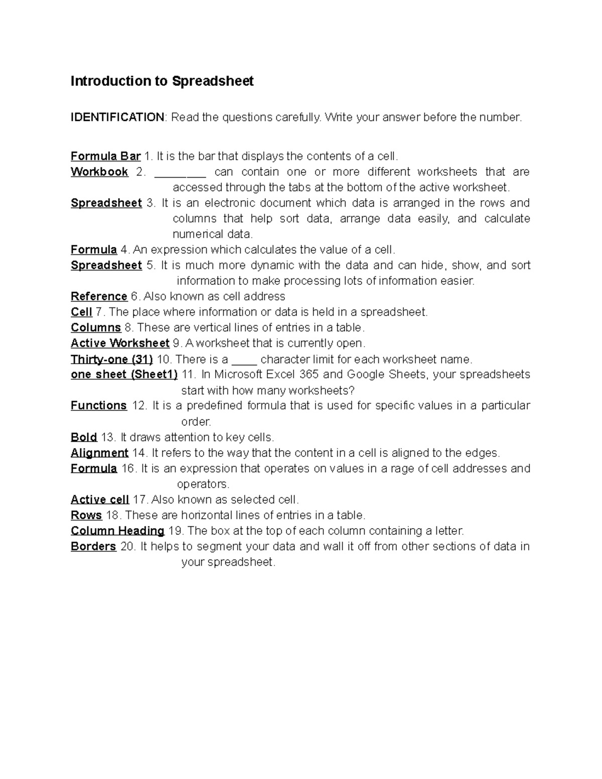 Advanced Software Packages Activity 1 - Introduction to Spreadsheet ...