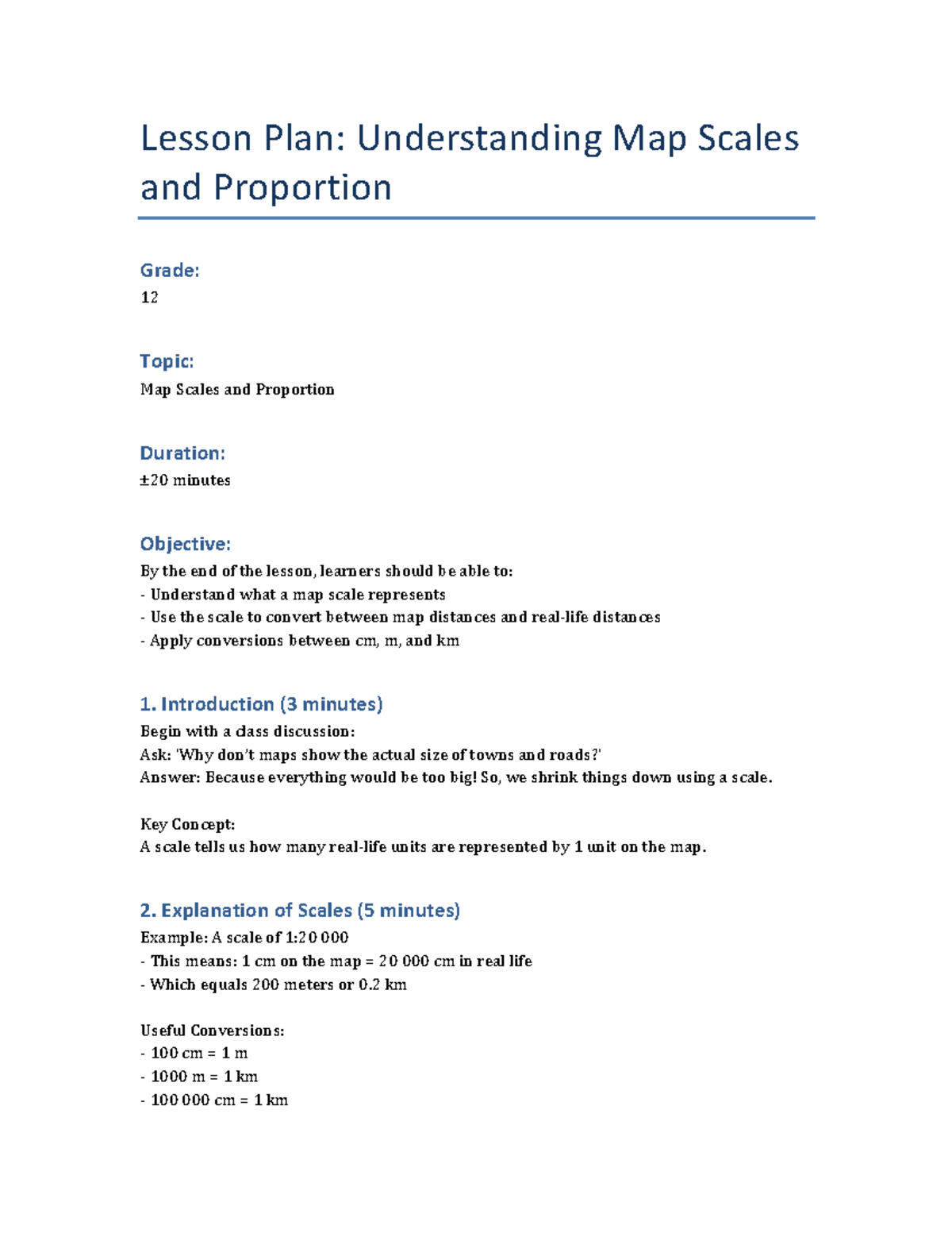Grade 12 Lesson Plan: Understanding Map Scales & Proportions - Studocu