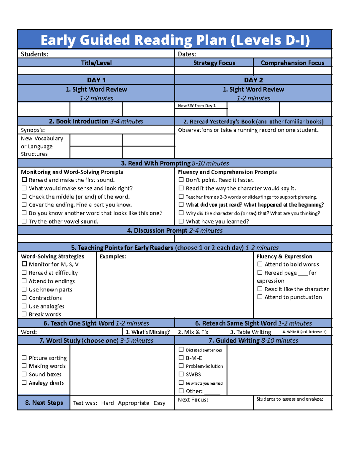 Early Guided Reading Plan (Levels D-I) - Early Guided Reading Plan ...