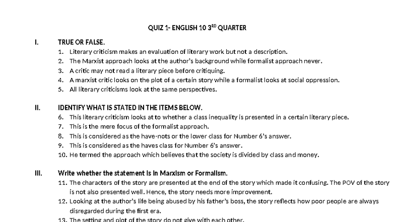QUIZ ENGLISH 10 3RD QUARTER: LITERARY CRITICISM & APPROACHES - Studocu