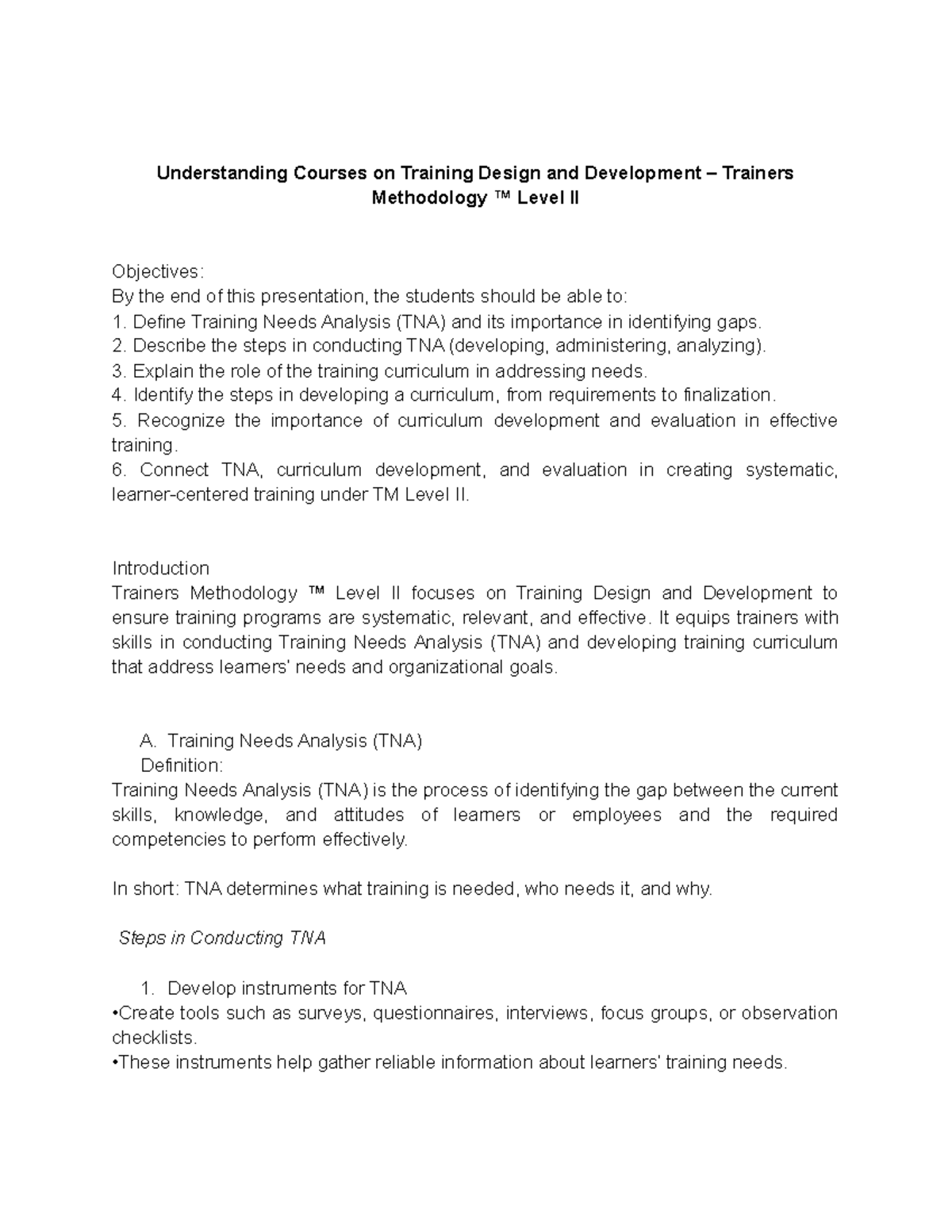 Understanding Training Design & Development: TM Level II (Ed 319) - Studocu