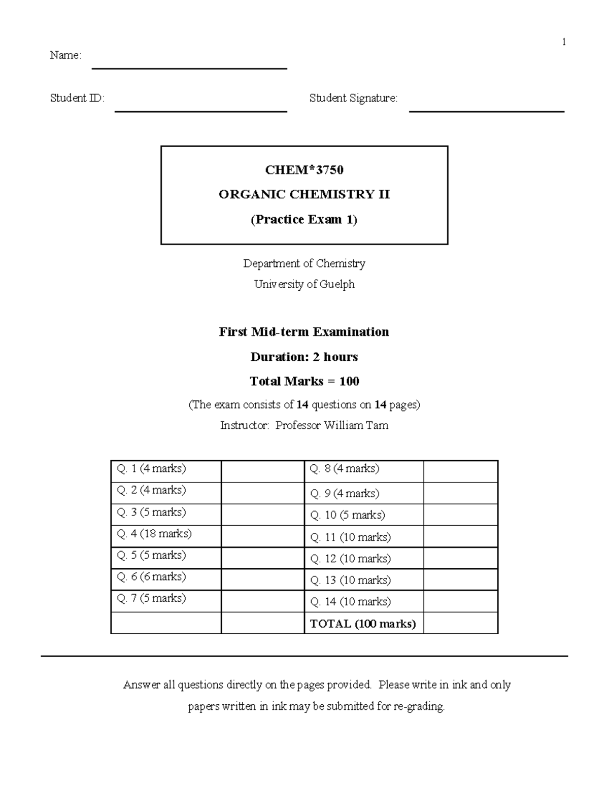 Practice Midterm Exam 1 - CHEM3750: Organic Chemistry II - Studocu