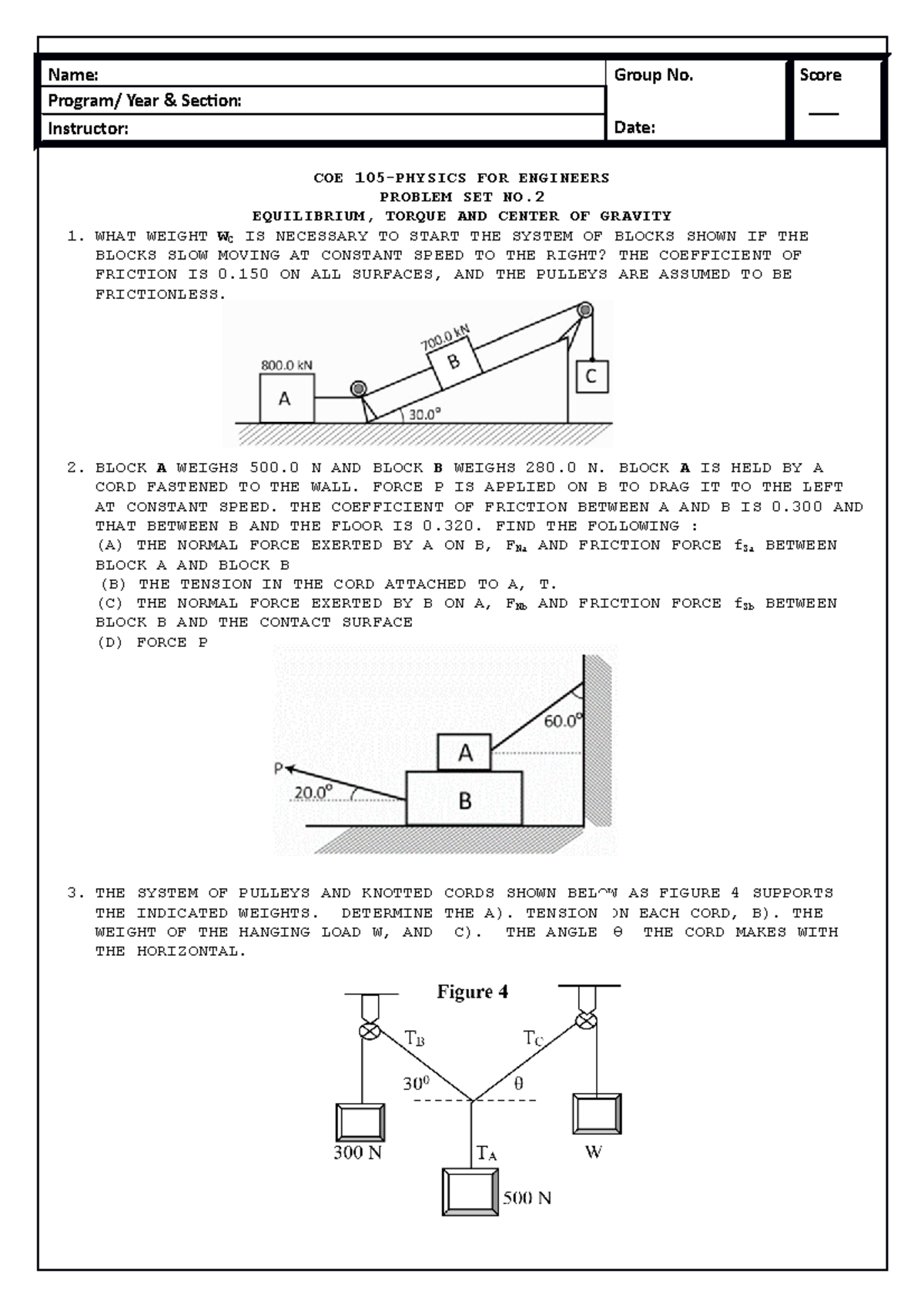 COE 105: Problem Set No. on Equilibrium & Torque Concepts - Studocu