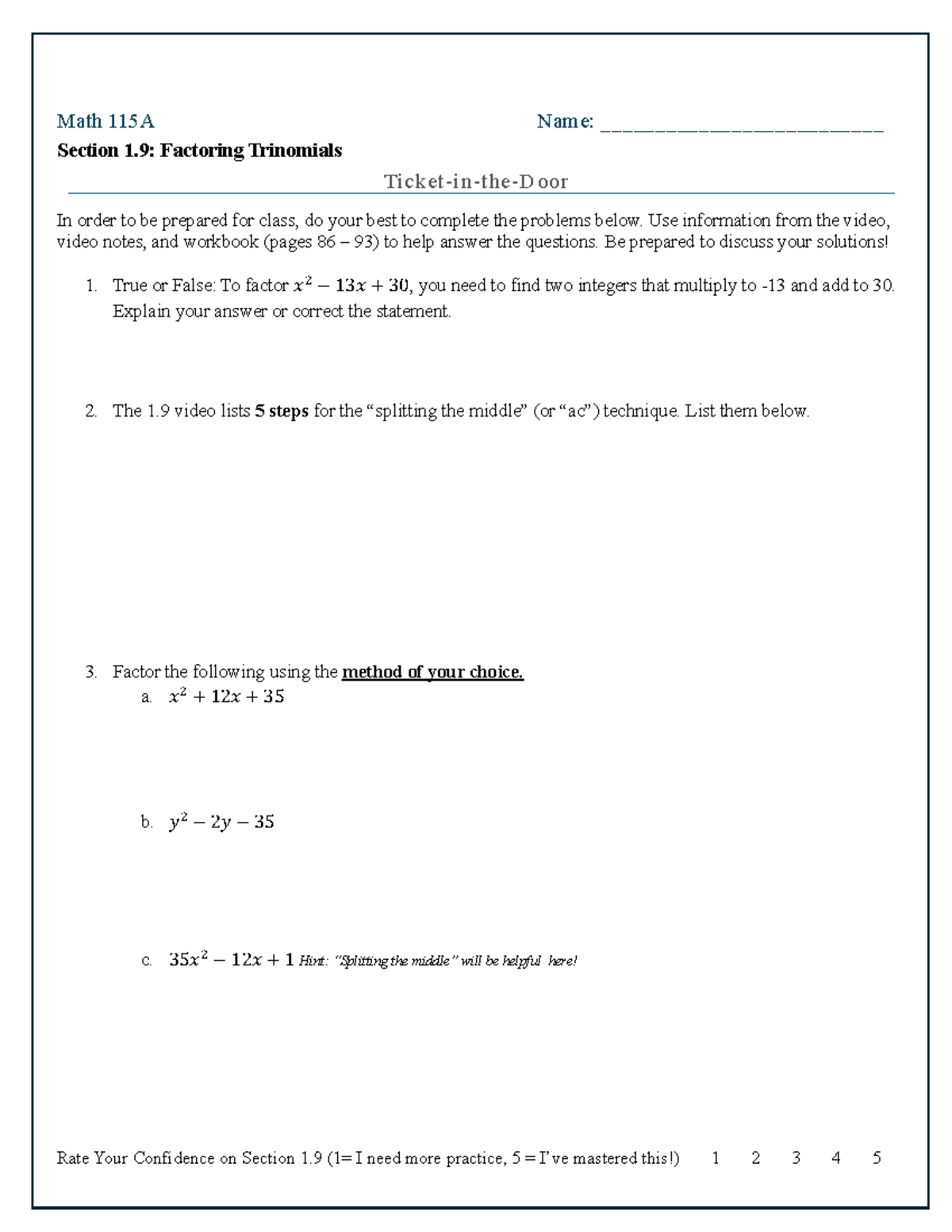 Math 115A Section 1.9: Factoring Trinomials Practice Guide - Studocu