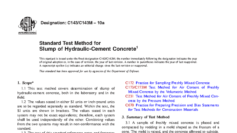 ASTM C143 C 143M 10a - Standard Test Method for Concrete Slump - Studocu