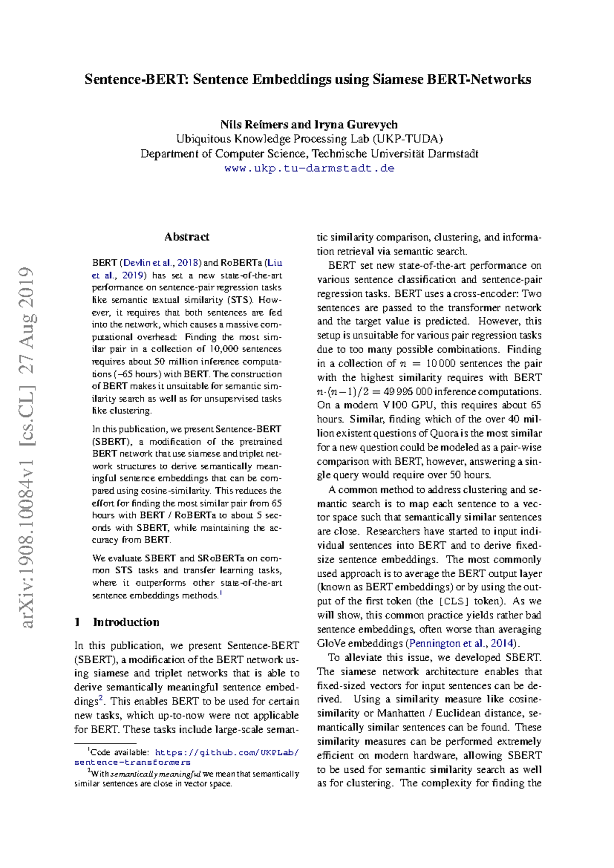 SBERT: Efficient Sentence Embeddings for Semantic Similarity Tasks ...