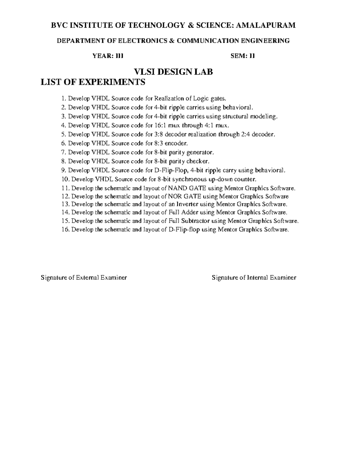 VLSI Design Lab Experiments - BVC ECE II Sem Allotment - Studocu
