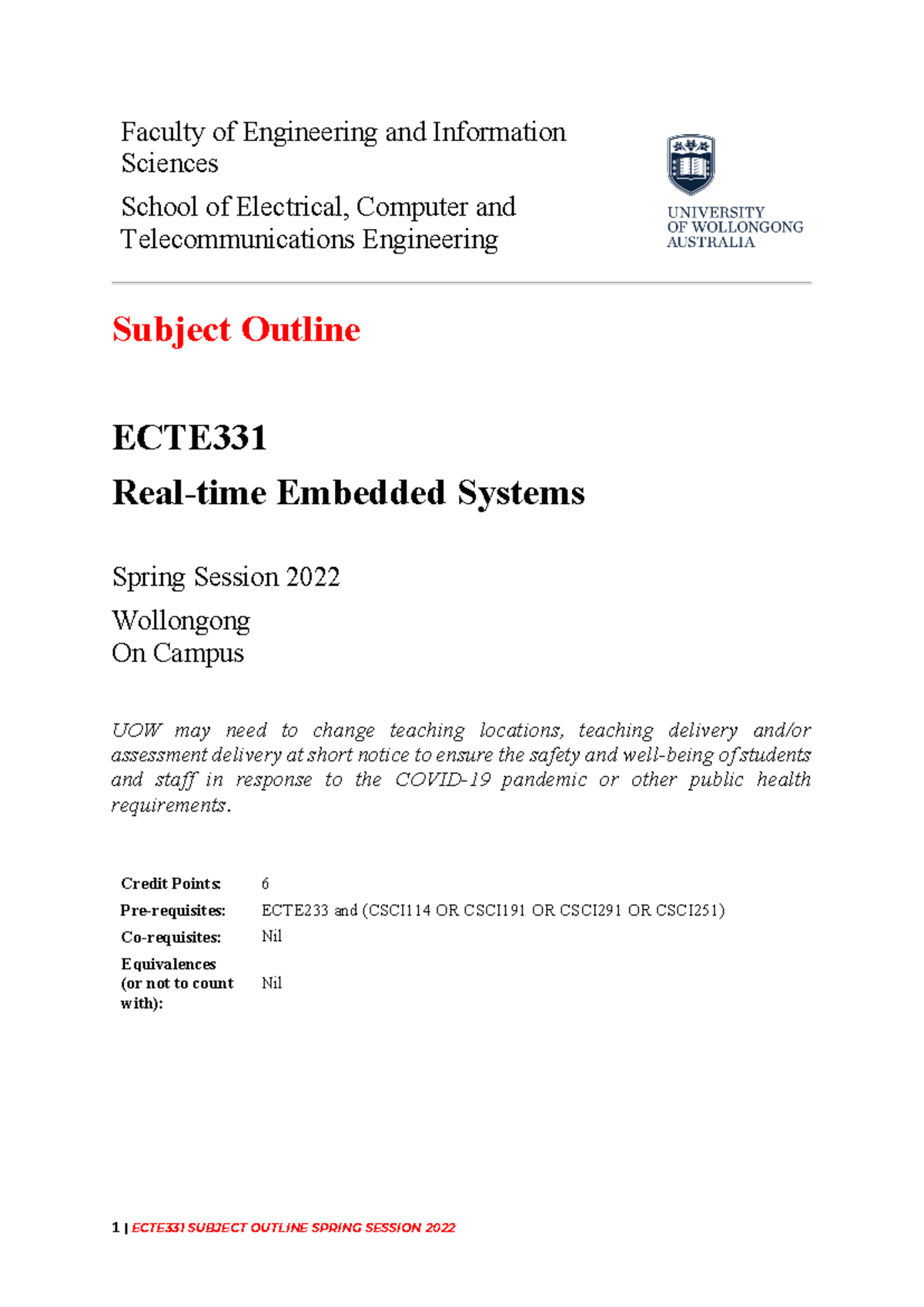ECTE331 Subject Outline Spring 2022 - Faculty of Engineering and ...