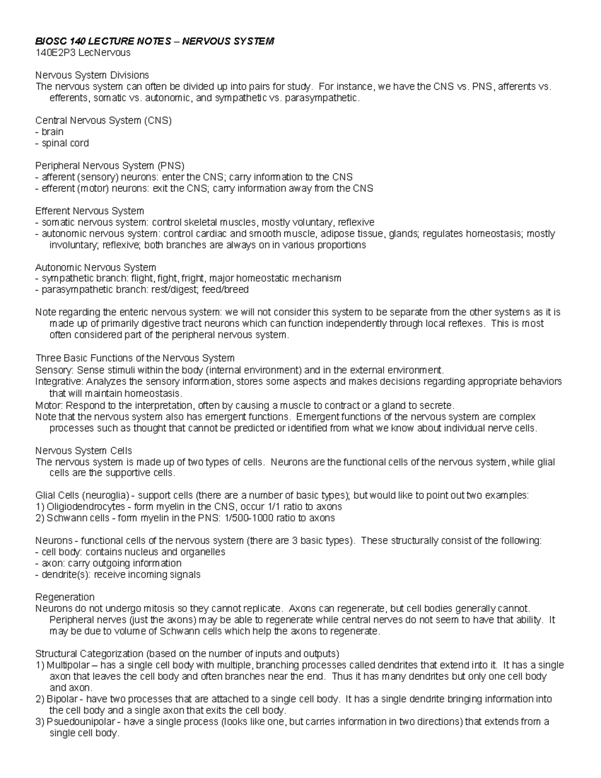 BIOSC 140 LECTURE NOTES: NERVOUS SYSTEM & ACTION POTENTIAL MECHANISMS ...