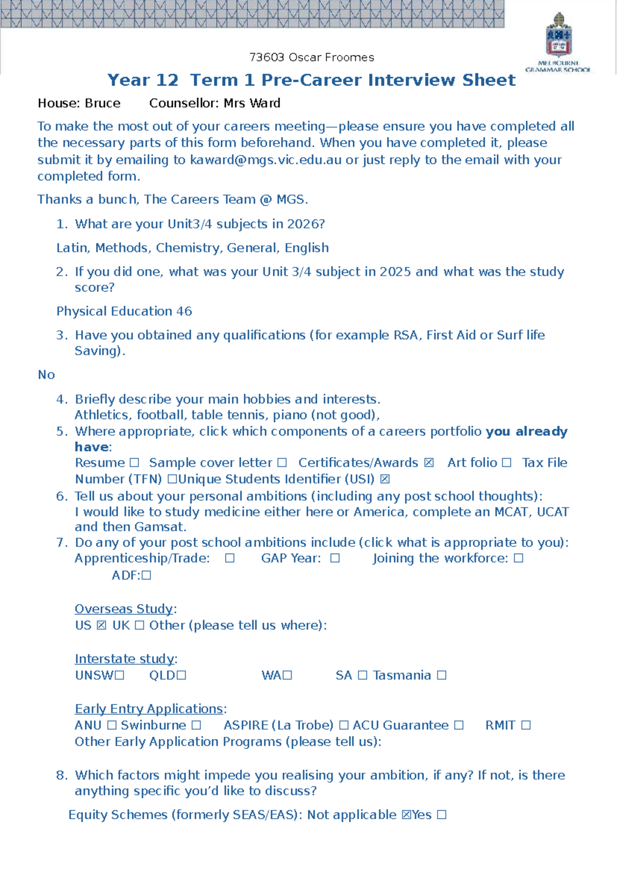 73603 Year 12 Term 1 Career Interview Sheet - Bruce House - Studocu
