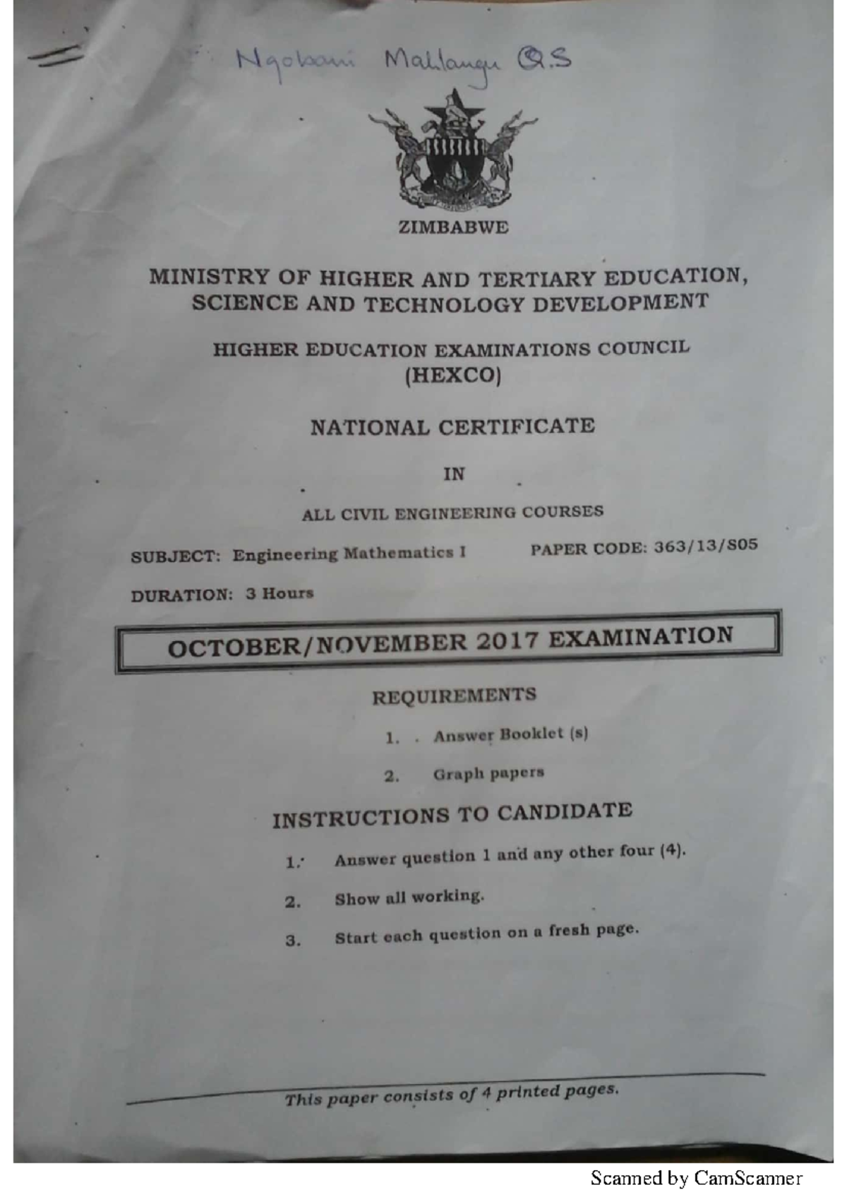 Engineering Mathematics I Exam Paper (QP2) - 2017 - Studocu