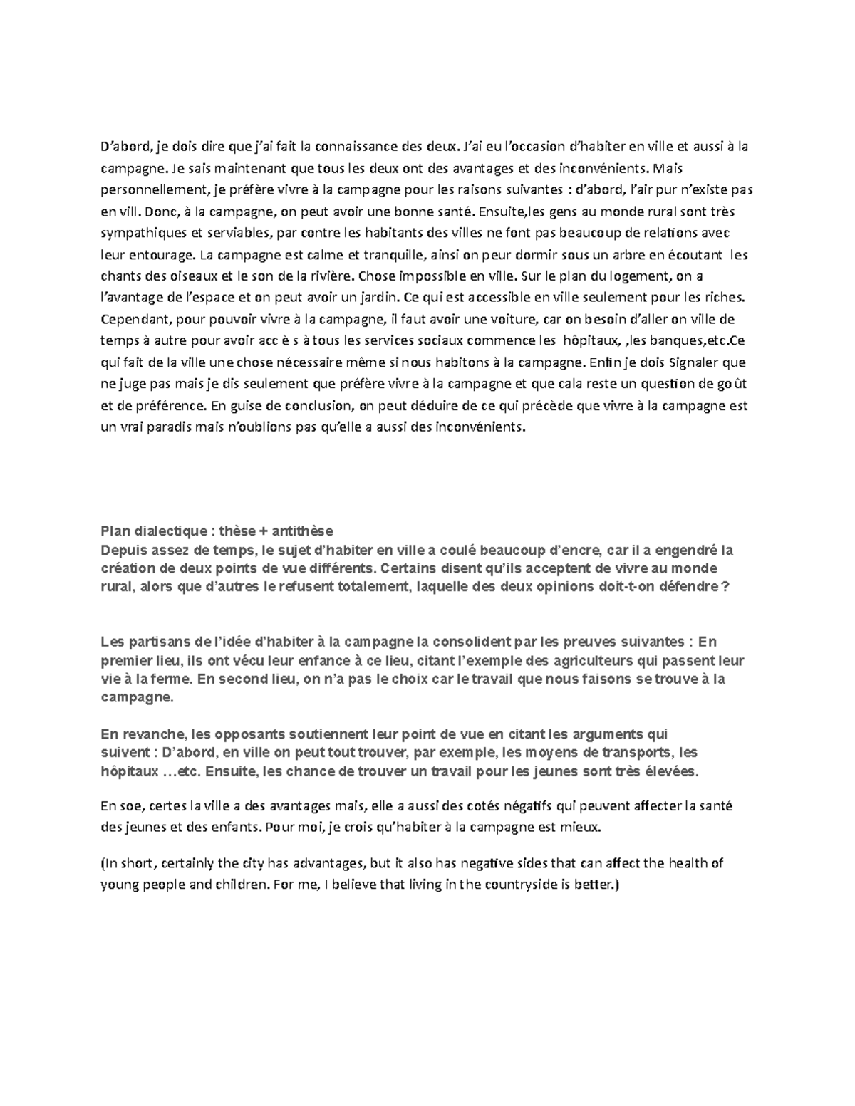 Préférences de Vie : Ville vs Campagne - Un Texte Argumentatif - Studocu
