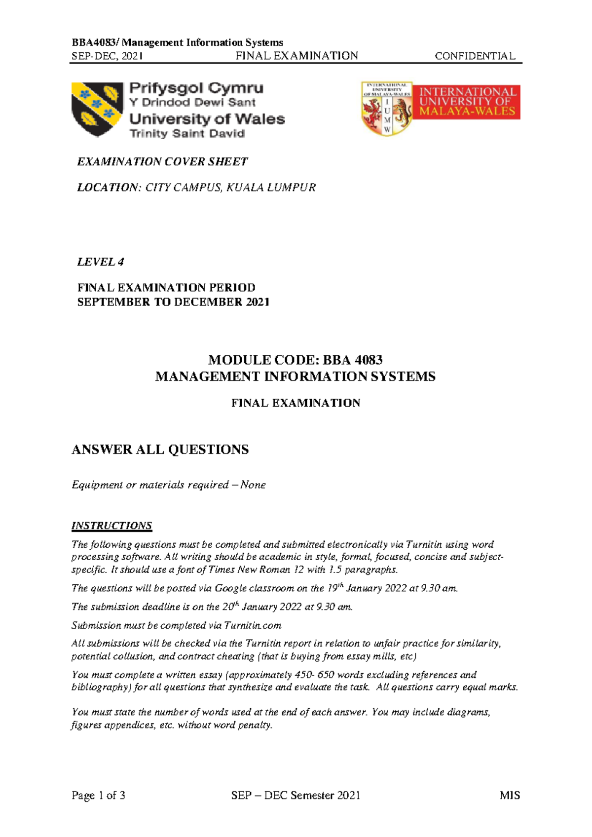 BBA4083 MIS Final Exam Qs for Sep-Dec 2021: Instructions & Guidelines ...