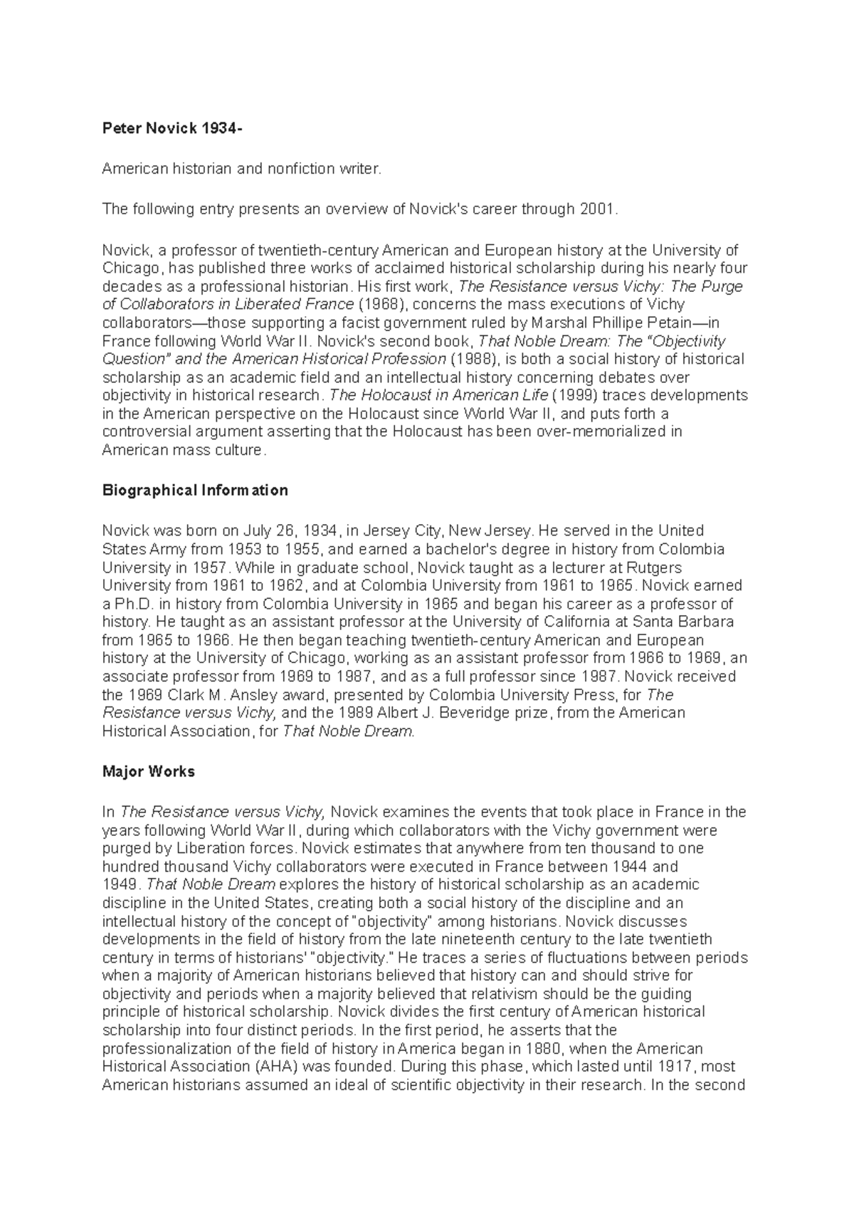 Peter Novick 1934 - Summary That Noble Dream : The "Objectivity ...