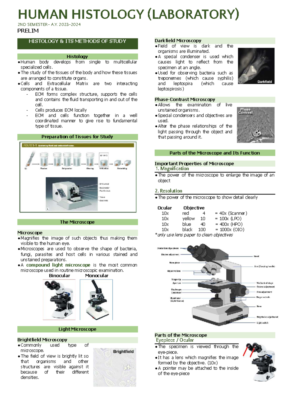 Histo lab transes prelim finals - HUMAN HISTOLOGY (LABORATORY) 2ND SEMESTER- A. 2023- PRELIM ...