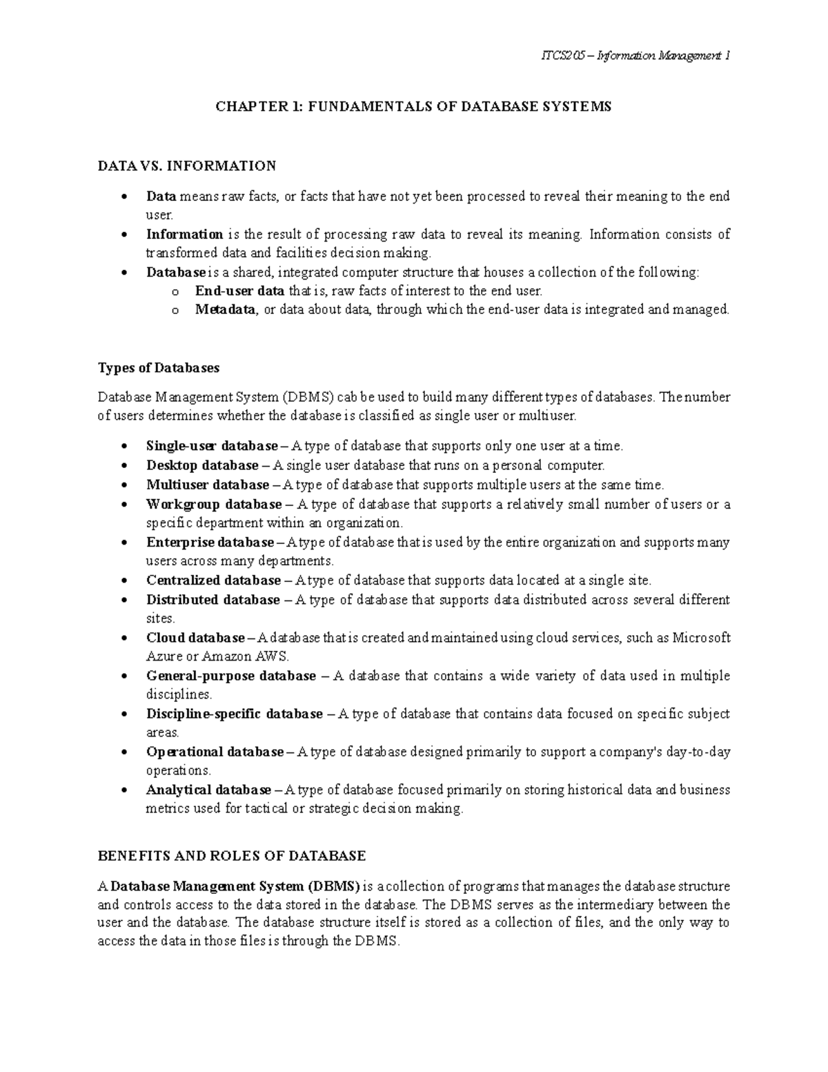 ITCS205 Information Management 1: Chapter 1 - Database Fundamentals - Studocu