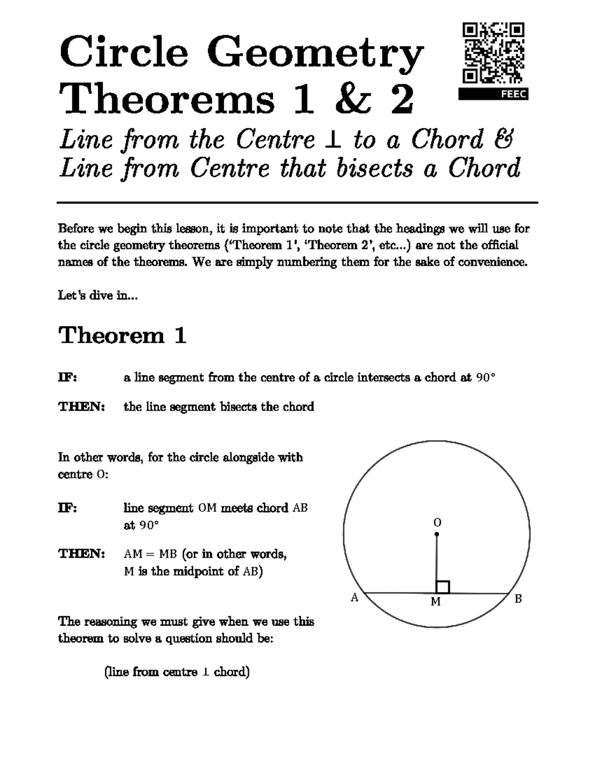 Circle Geometry Theorems 1 & 2 - MAT02A2 - 90° O OM AB 90° AM = MB M AB ...