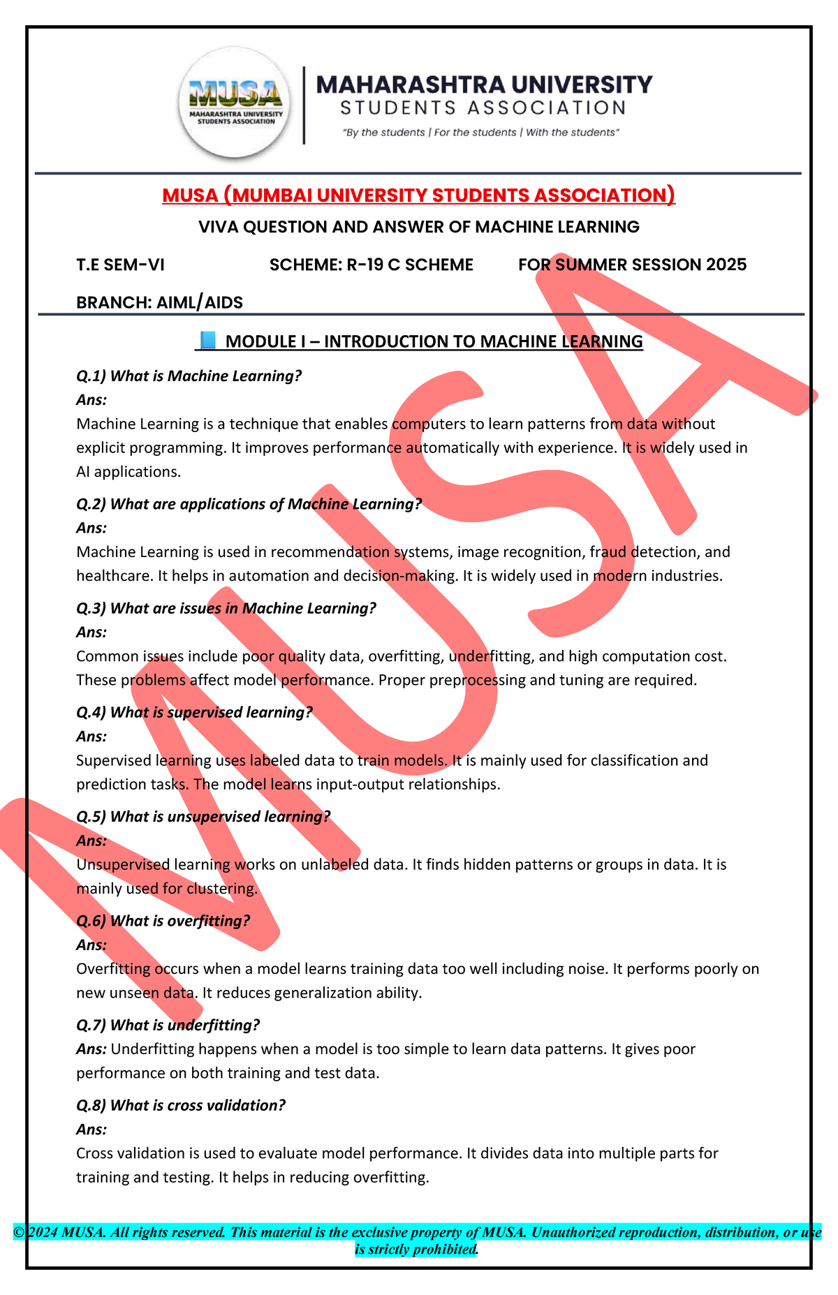 MUSA T.E. Machine Learning VIVA Questions & Answers for Summer 2025 ...