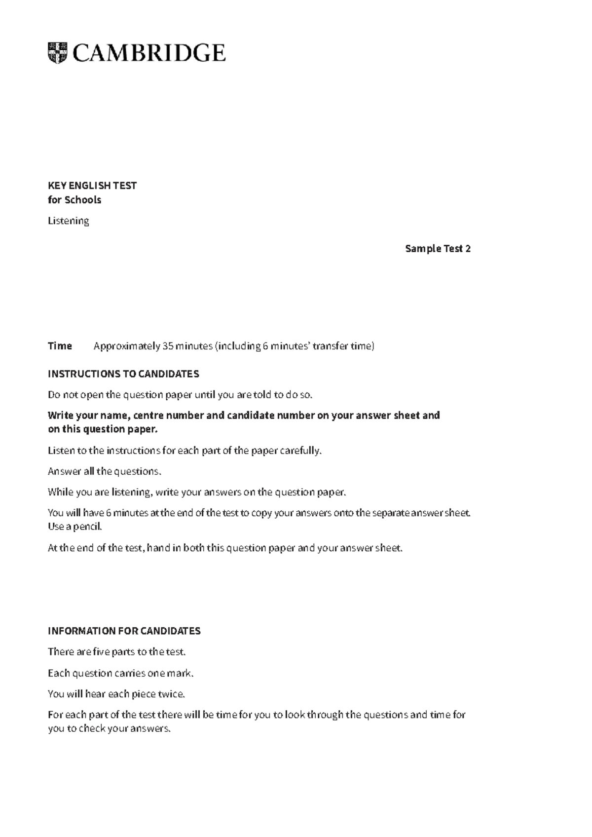 A2 Key for Schools Listening Sample Test 2 - Question Paper - Studocu