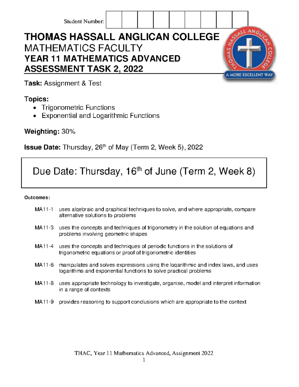 THAC Year 11 Mathematics Advanced Assignment 2: Trigonometric ...