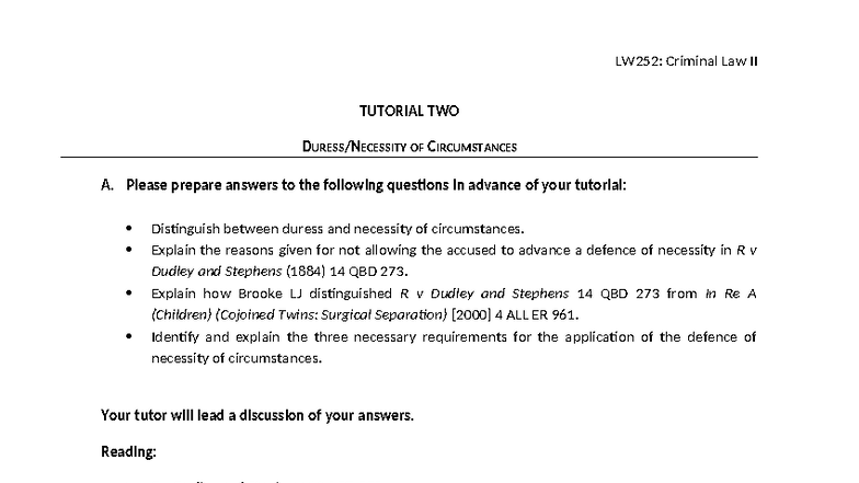 LW252: Criminal Law II Tutorial Two - Duress vs. Necessity - Studocu