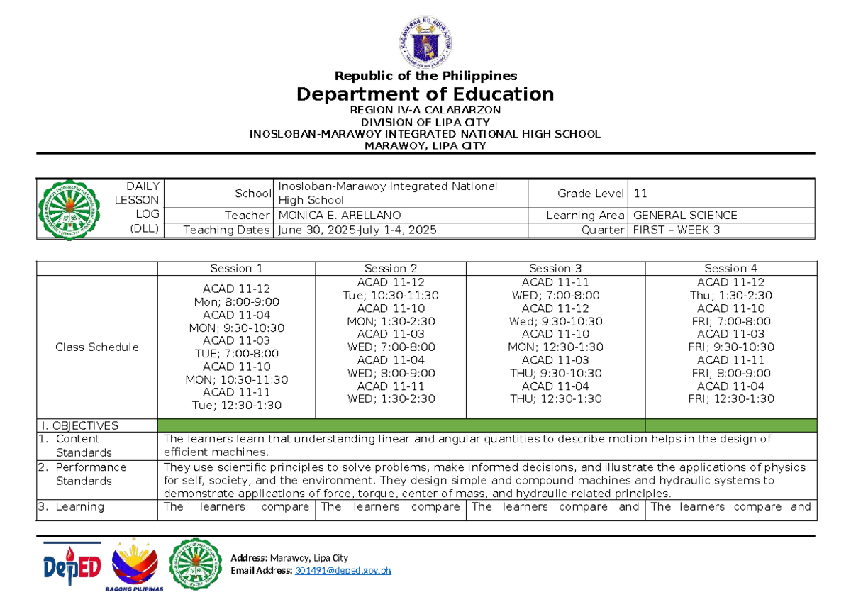 Q1-W3-GEN Science Daily Lesson Log on Motion Concepts - Studocu