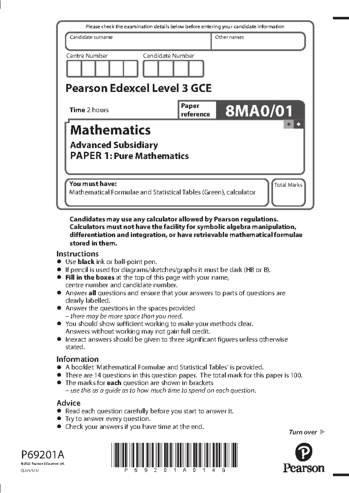 AS Level Mathematics Pure 2022 Exam Paper 1: Detailed Instructions ...